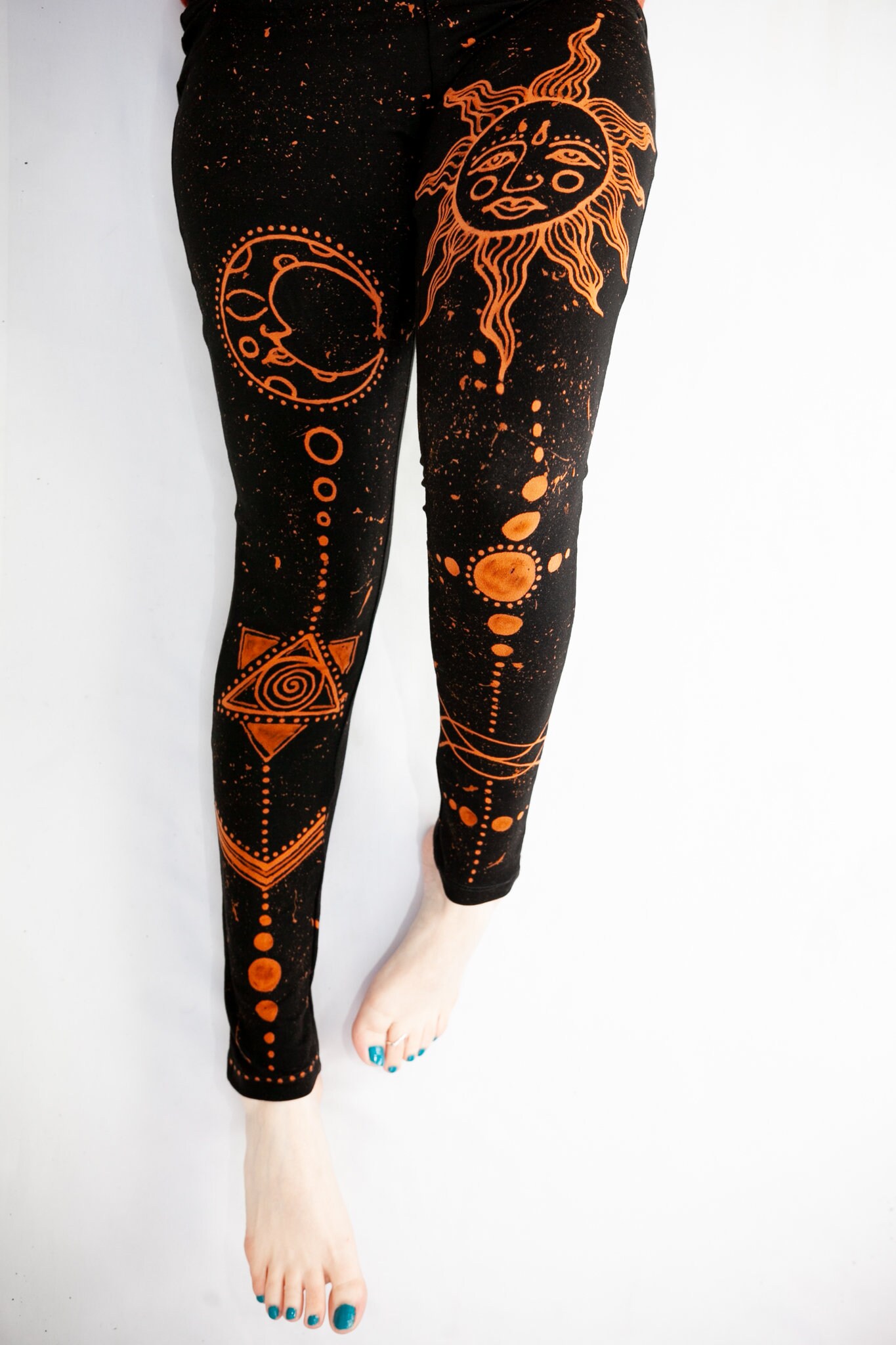 Hand-drawn Bleach-art Leggings. "sun and Moon" Design. Hippy Yoga ...