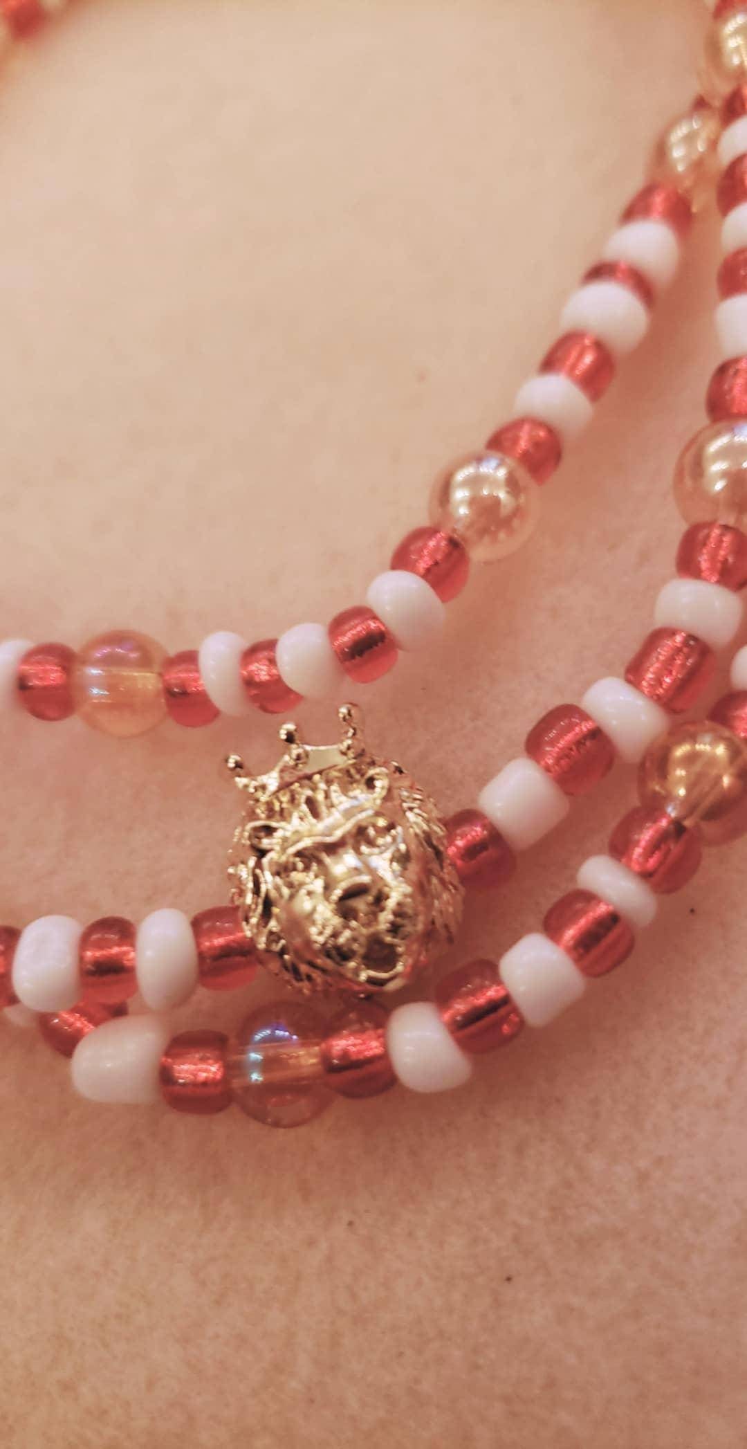 Shango Spiritual Necklace with Gold Toned Lion Charm Red and White ...