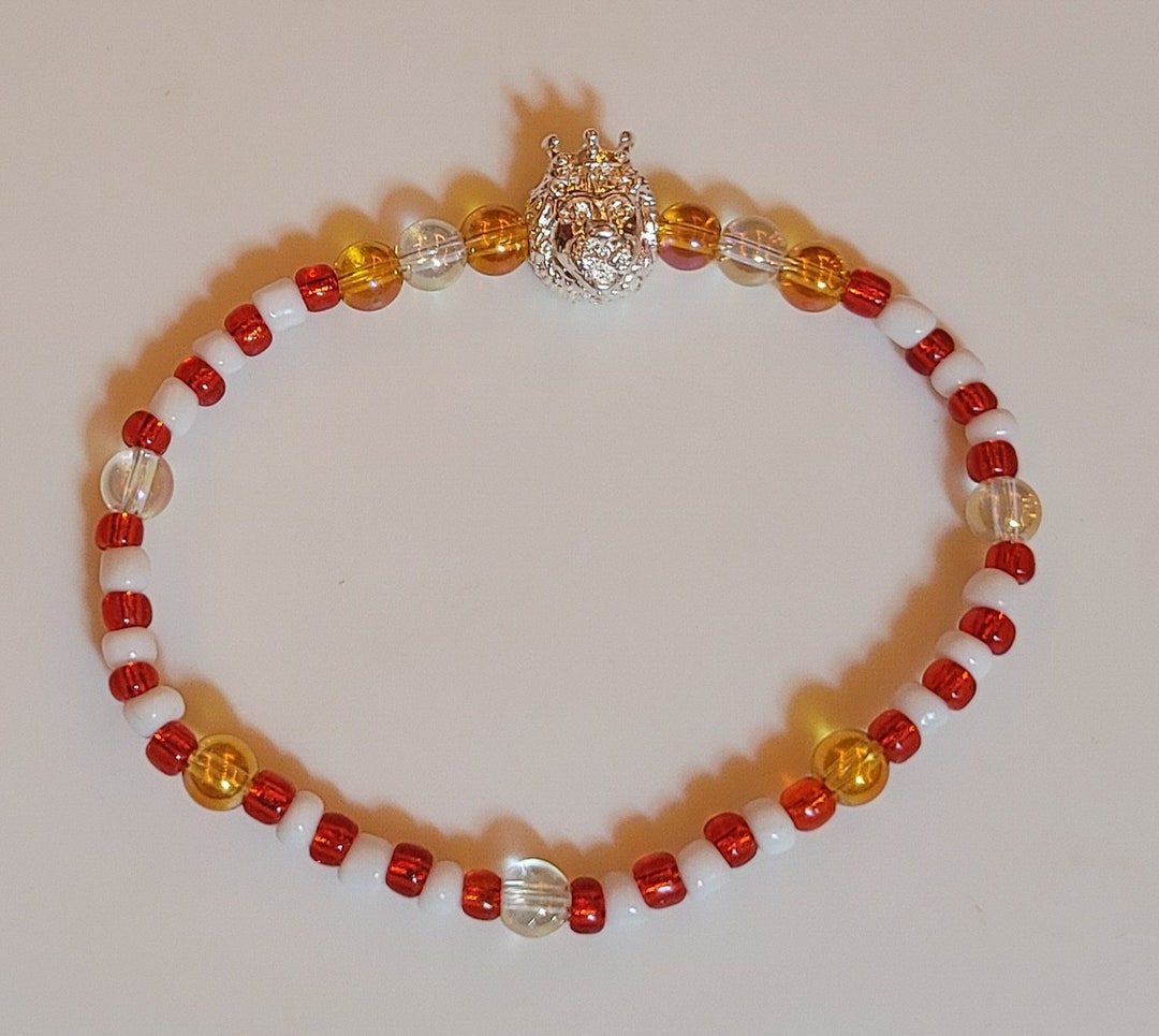 Shango Strength Bracelet With Lion Charm Red and White Beaded Bracelet ...