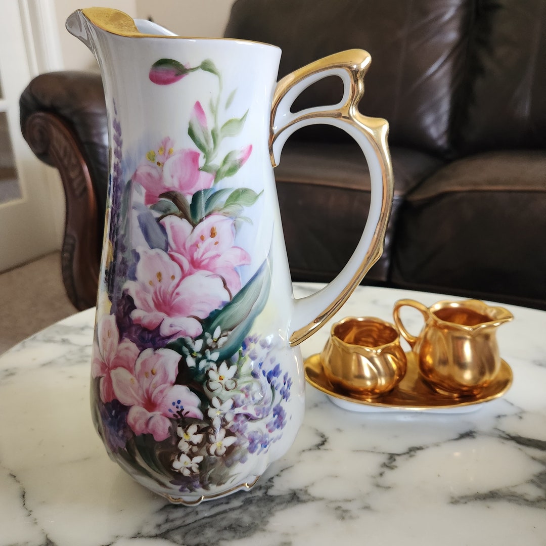 Lefton Pitcher Hand-painted Wildflowers, 24 Karat Gold Trim Butterfly ...