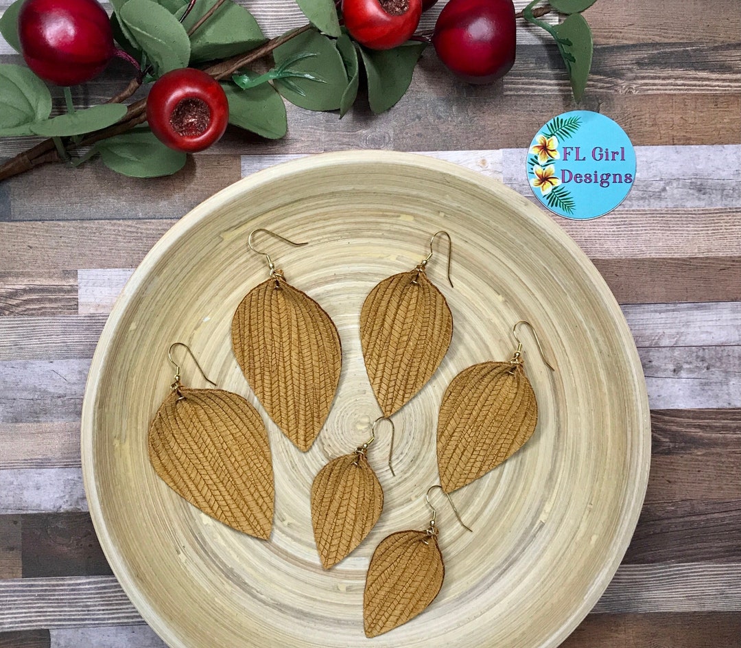 Mustard Yellow Embossed Palm Leaf Pinch Genuine Leather Earrings ...