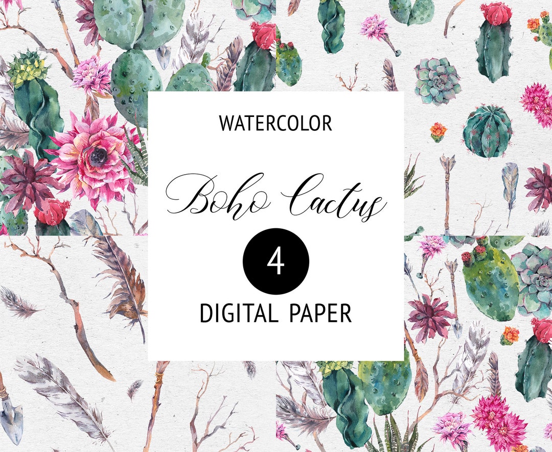 Watercolor Cactus Digital Paper. Succulent Cactus Boho Clipart ...