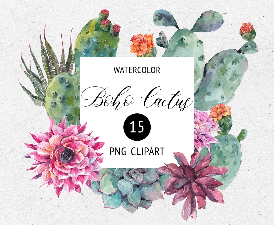 Cactus Clipart, Succulent Watercolor Clip Art, Summer Boho Cactus ...