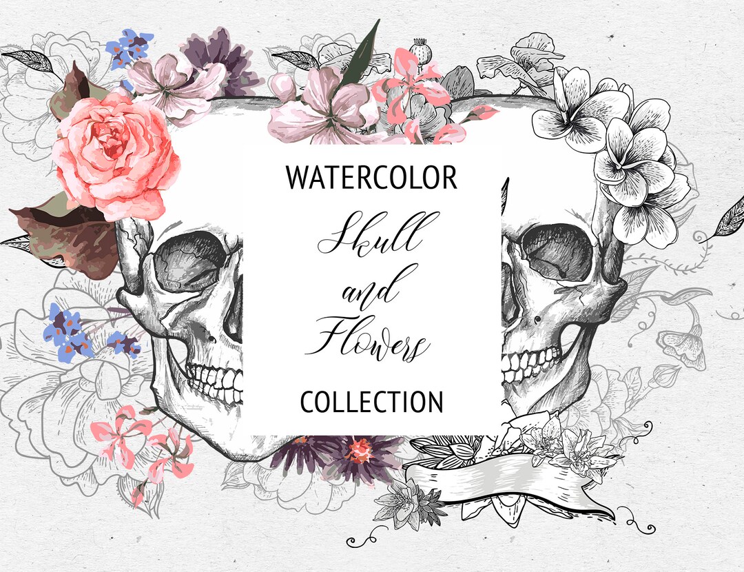 Flowered Skull Clipart. Watercolor Flowers Skull Digital Paper. Skull ...