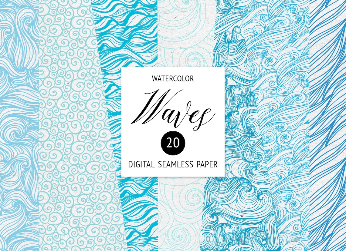 Blue Wave Digital Paper Clipart Curl Wallpaper. Waves Digital - Etsy