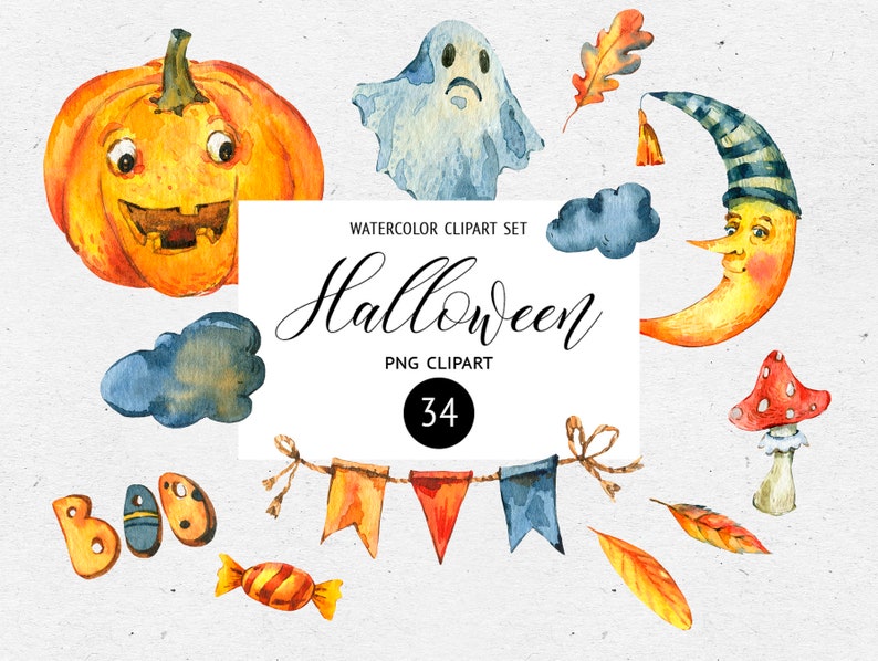 Watercolor Halloween Clipart, Cute Pumpkin Individual Clipart. - Etsy