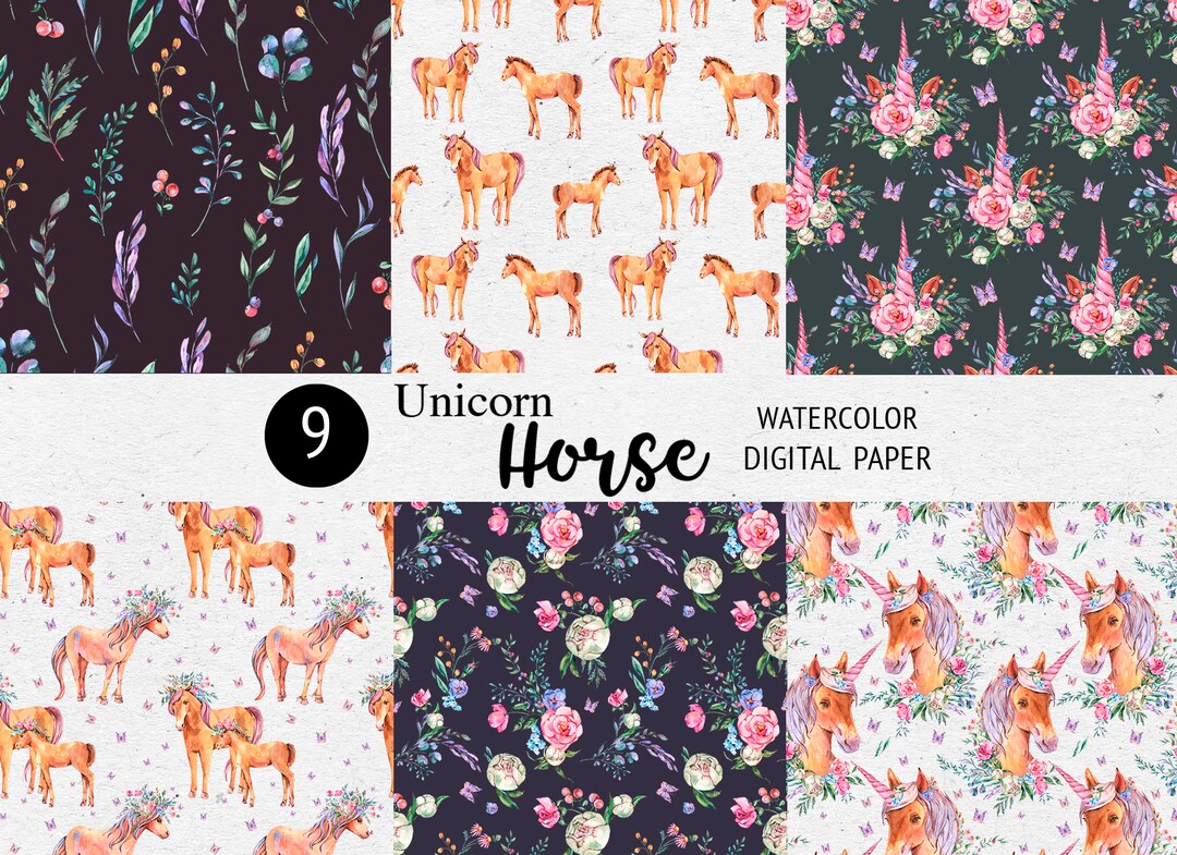 Watercolor Horse Digital Paper. Unicorn Digital Paper Clipart. Floral ...
