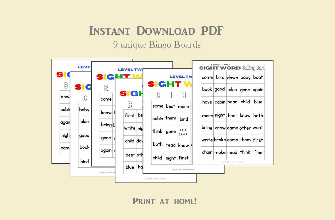 Sight Word BINGO, Level Two, Early Reader, PDF Download Printable ...