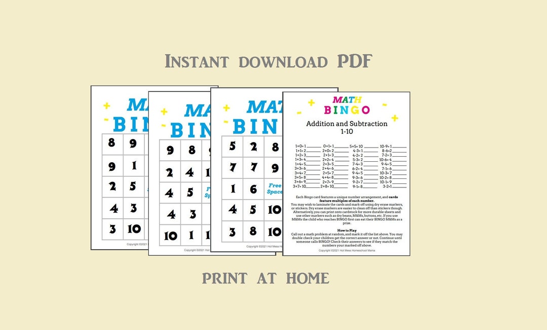 Math Bingo, Addition and Subtraction, Numbers 1 to 10, Beginner Math ...