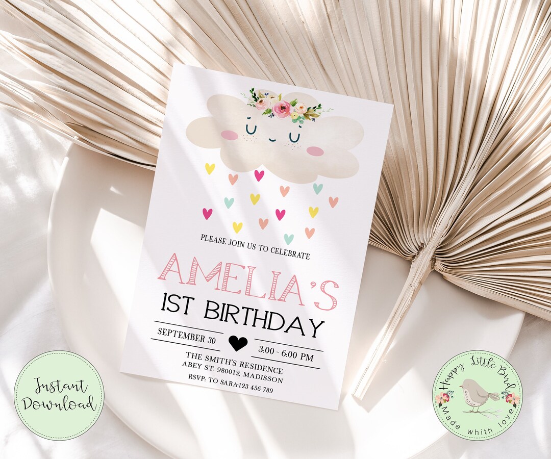 Editable Cloud Birthday Invitation Pastel Rainbow First Birthday Party ...