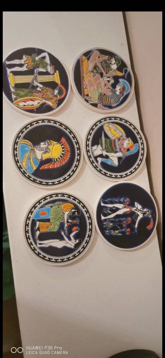 Handmade Vintage Greece Coasters Set, Set of 6,smaltotechniki Ceramics ...