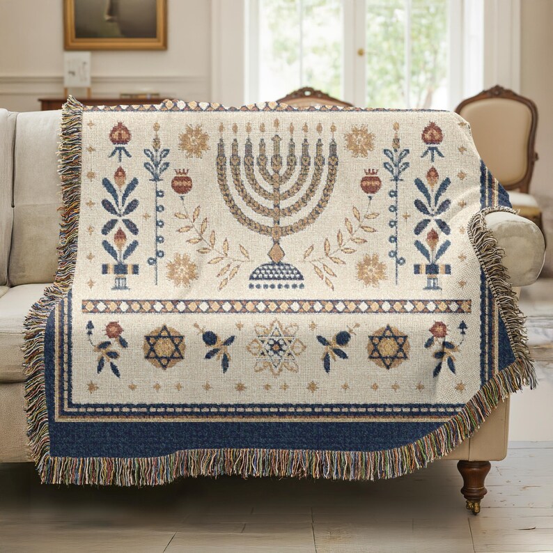 Menorah Pattern Woven Blanket | Hanukkah Throw Tapestry Blanket ...