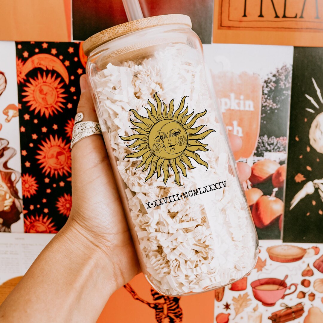 Personalized Roman Numeral Iced Coffee Glass, Celestial Mug Crescent ...