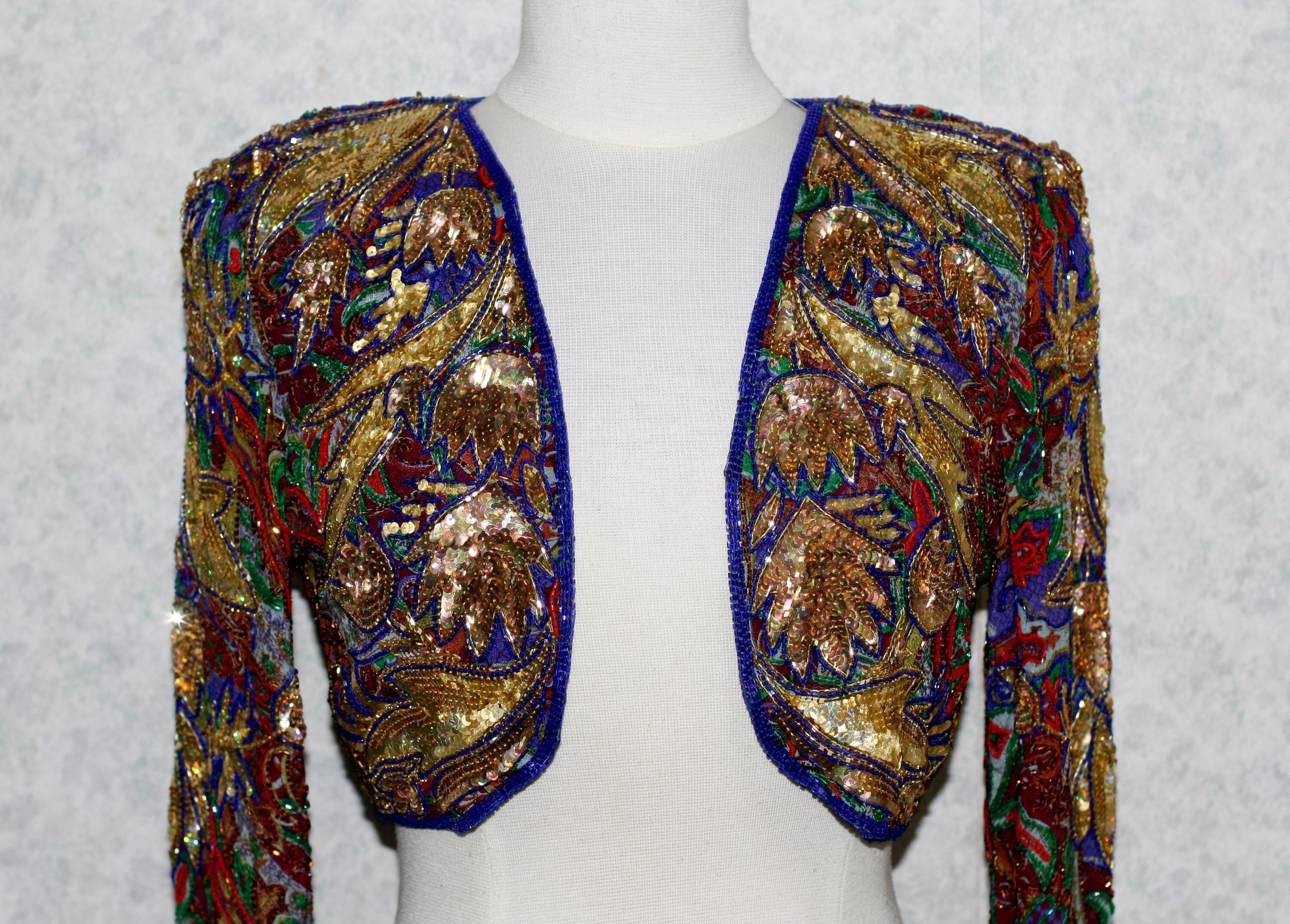 JTRIMMING Vintage Bolero Jacket Hand Work Bead & Sequin and Hand Print ...