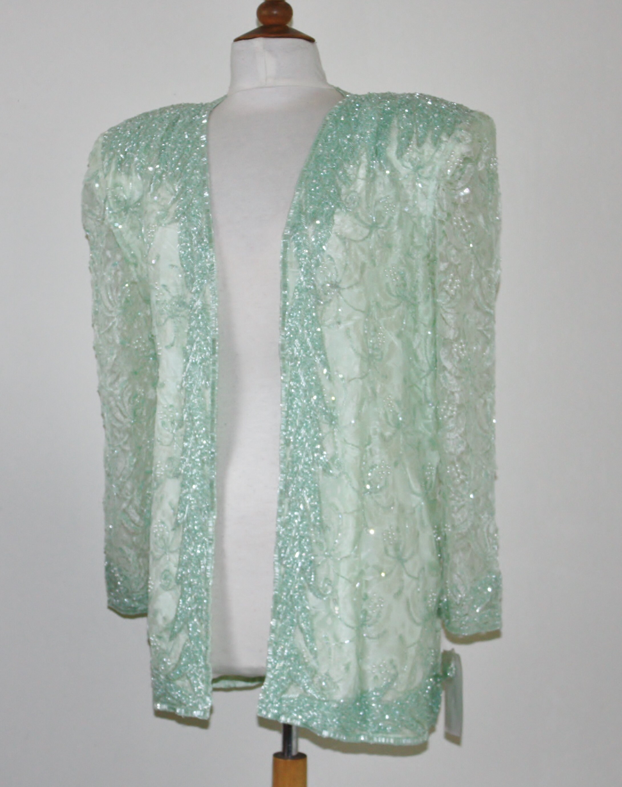 JTRIMMING Vintage Sheer Long Sleeve Jacket Hand Work Beading on Lace ...