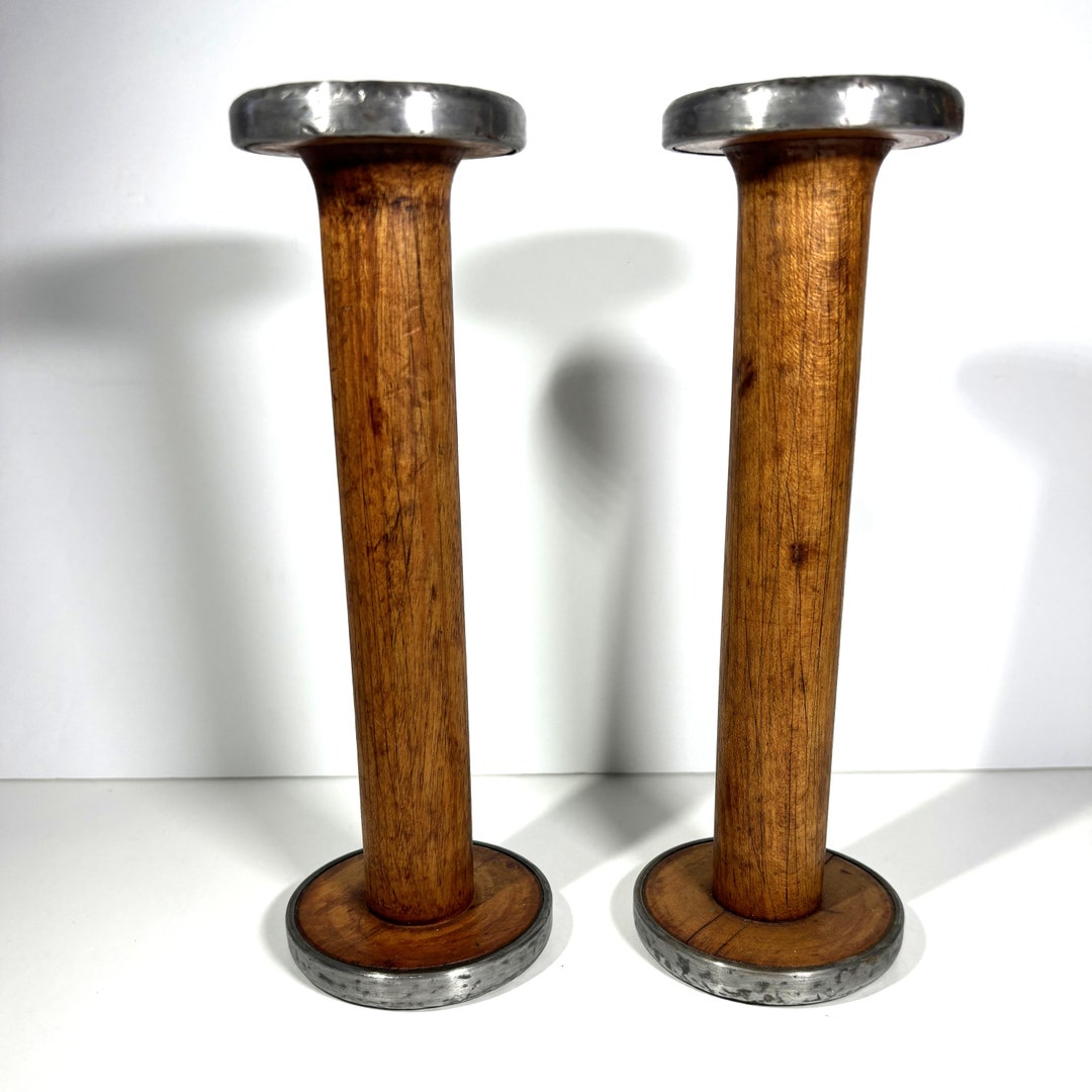 2 Antique Wooden Industrial Spools Vintage Textile Mill Factory Bobbins ...