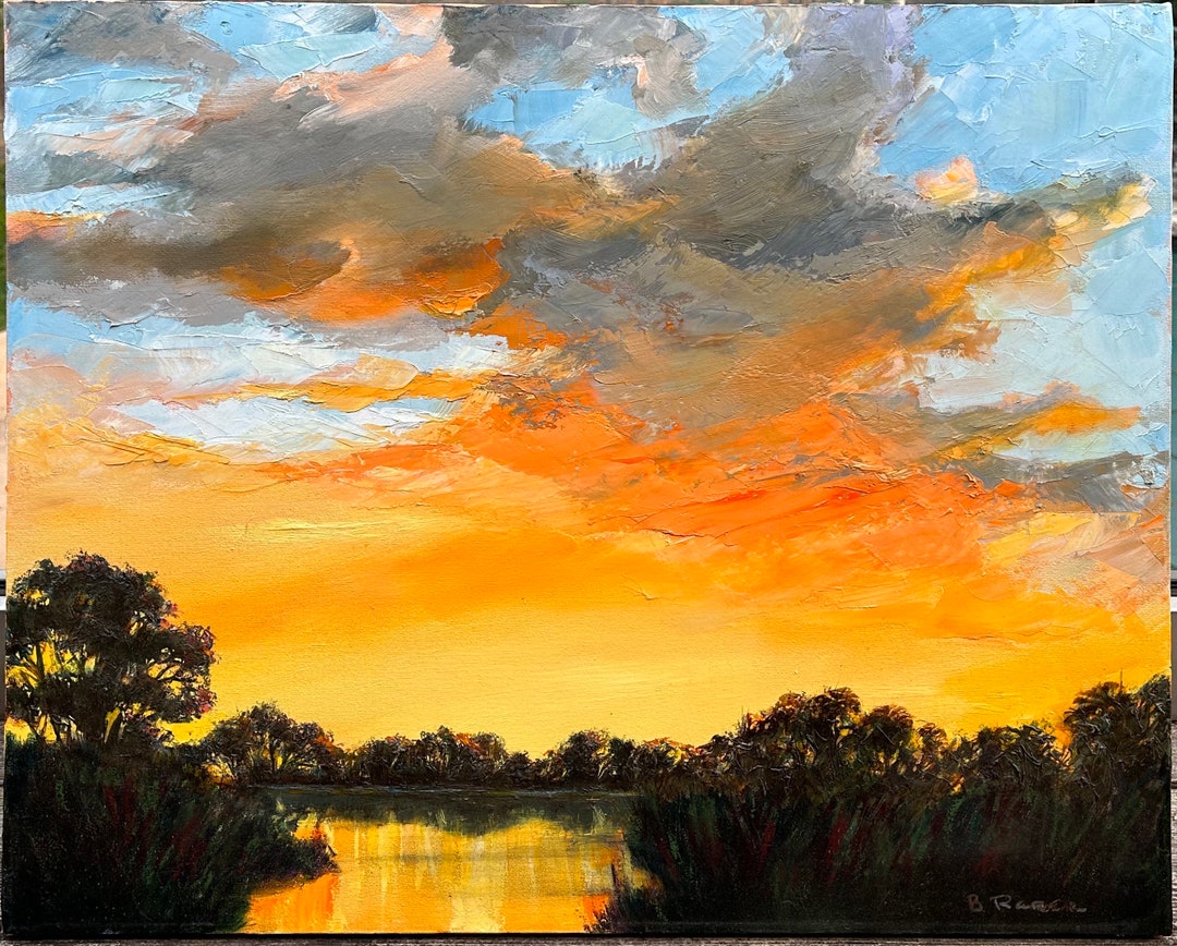 Vintage Dramatic Sunset Landscape Pallet Knife Painting 1996 Signed by ...