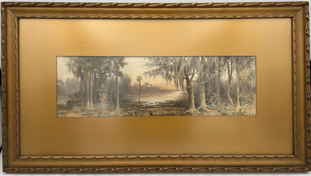 Rare American Hand Painted Florida Swamp Everglades Watercolor Gouache ...