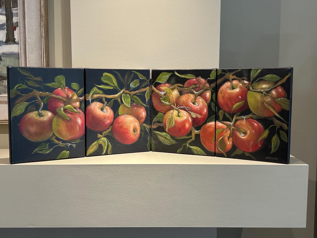 Vintage 4 Panel Joined Original Paintings Array of Apples Versatile ...
