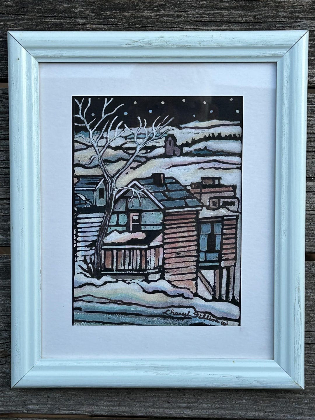 Vintage Original Painting Black Outline Winter Scene Canadian Artist ...