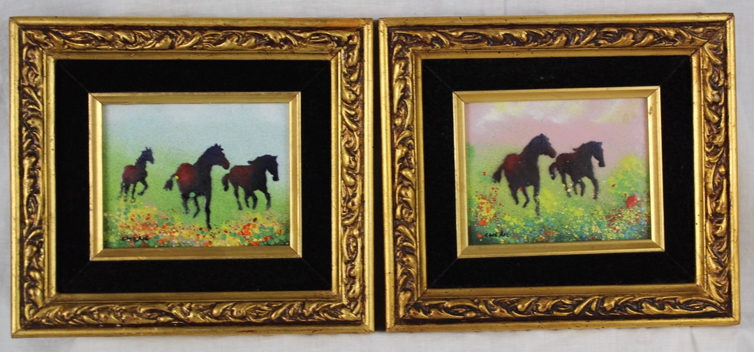 Two Sets of Vintage Enamelled Galloping Horses Signed Cherie Ornate ...