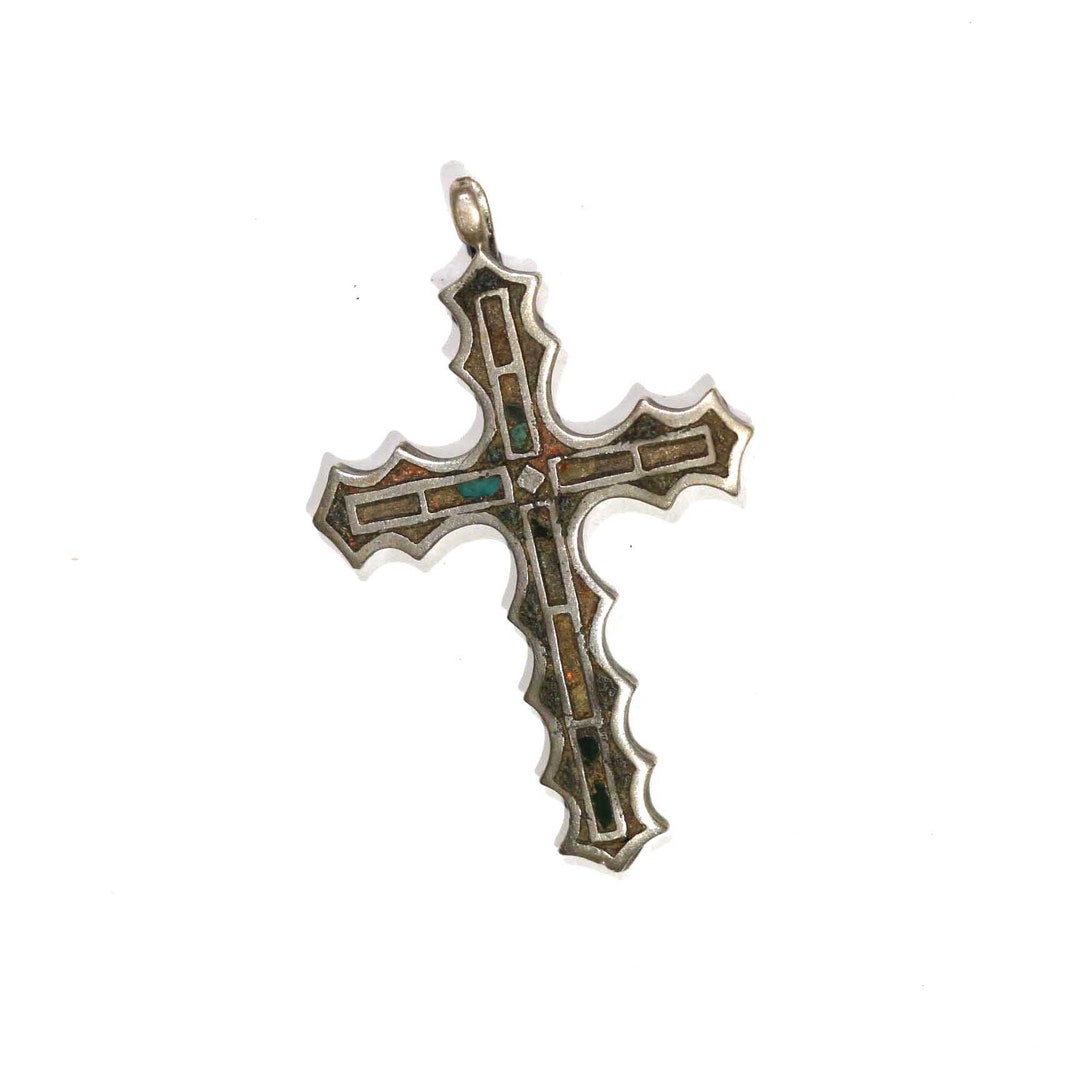 Vintage Navajo or Hopi Inlay Crushed Stone Silver Cross Inlaid Blue ...