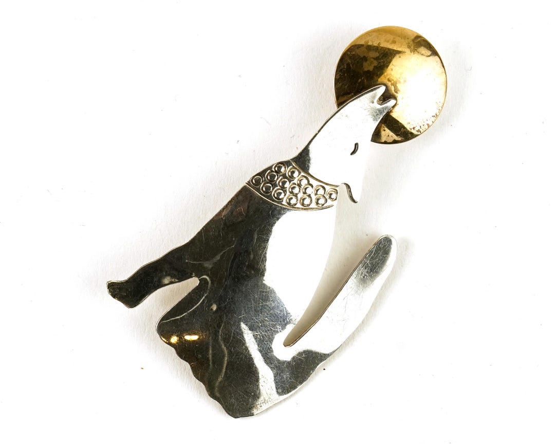 Vintage GAC Wolf or Dog Howling at the Moon Bi-metal Sterling Silver ...