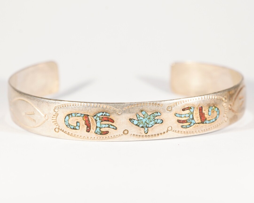 Vintage Navajo or Hopi Inlay Crushed Stone Red Coral and Blue Turquoise ...