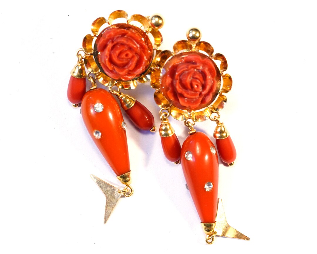 Vintage 18k Gold and Red Coral Flower Fishtail Dangle Earrings - Signed ...
