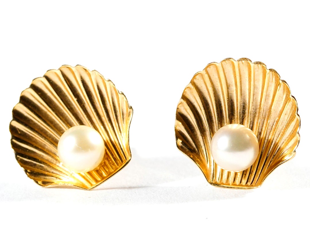 Vintage 14k Yellow Gold and Pearl Oyster Sea Shell Clam Shell Earrings ...