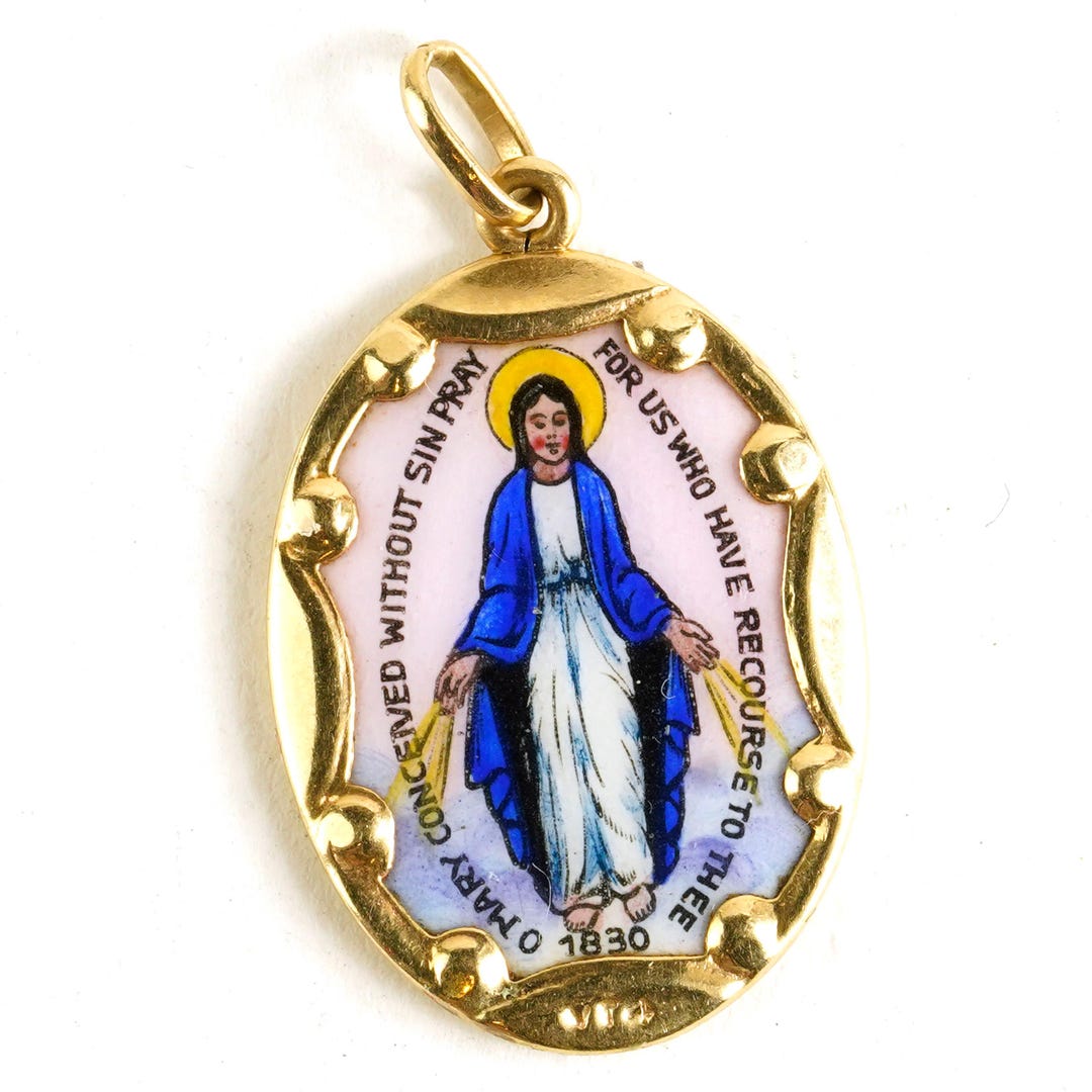 Antique 14k Gold Hand Painted Enamel Virgin Mary Double Sided Framed ...