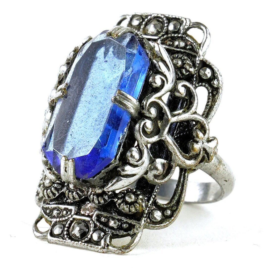 Vintage Fancy Blue Glass Filigree Marcasite Claw Set Ring - Etsy
