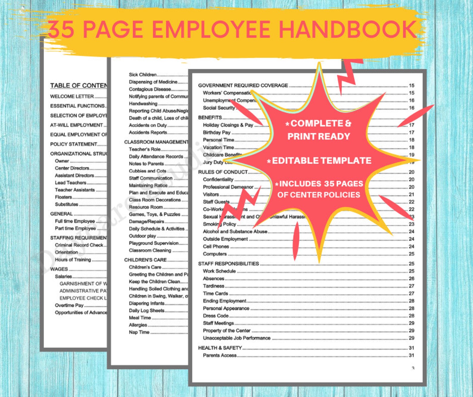 DAYCARE EMPLOYEE HANDBOOK Childcare Center Printable Daycare Etsy