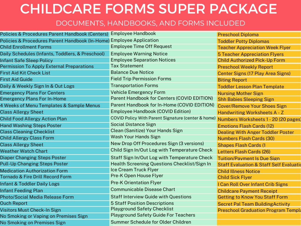 Daycare Forms Super Package: 108+ Printable Child Care Forms (digital ...