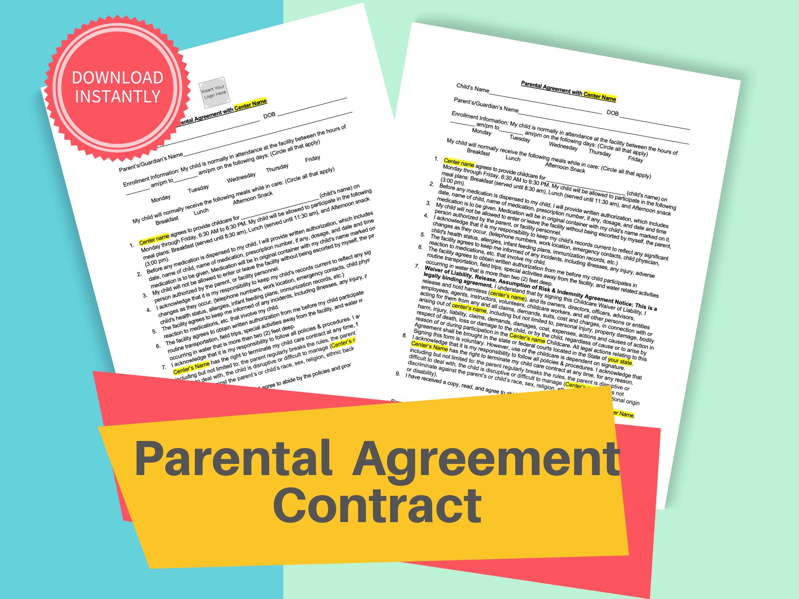 Daycare Parental Agreement: Childcare Center Contract (editable Word ...