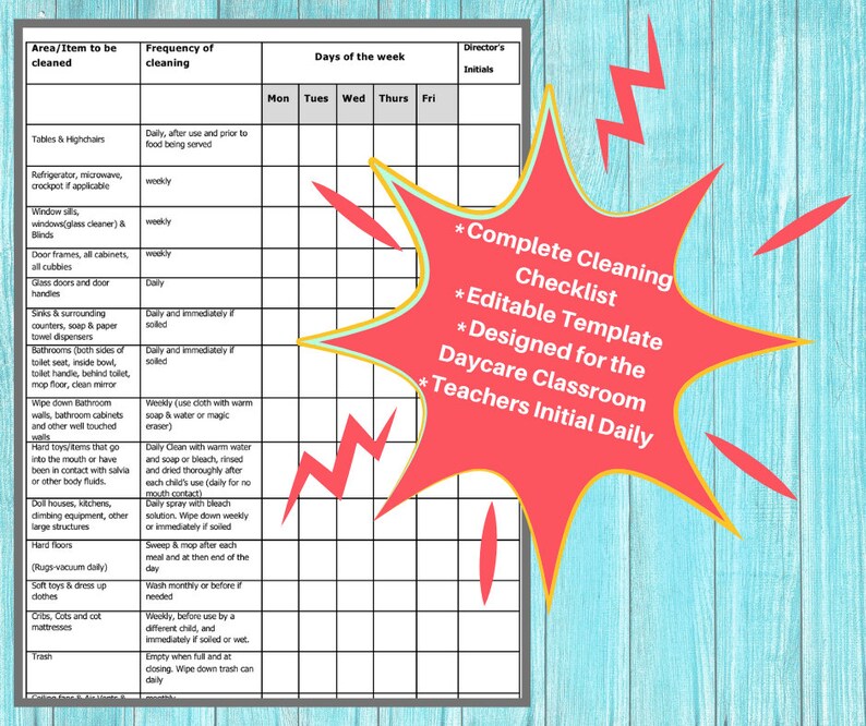 Daycare Cleaning Checklist: Editable Child Care Center Form (word ...