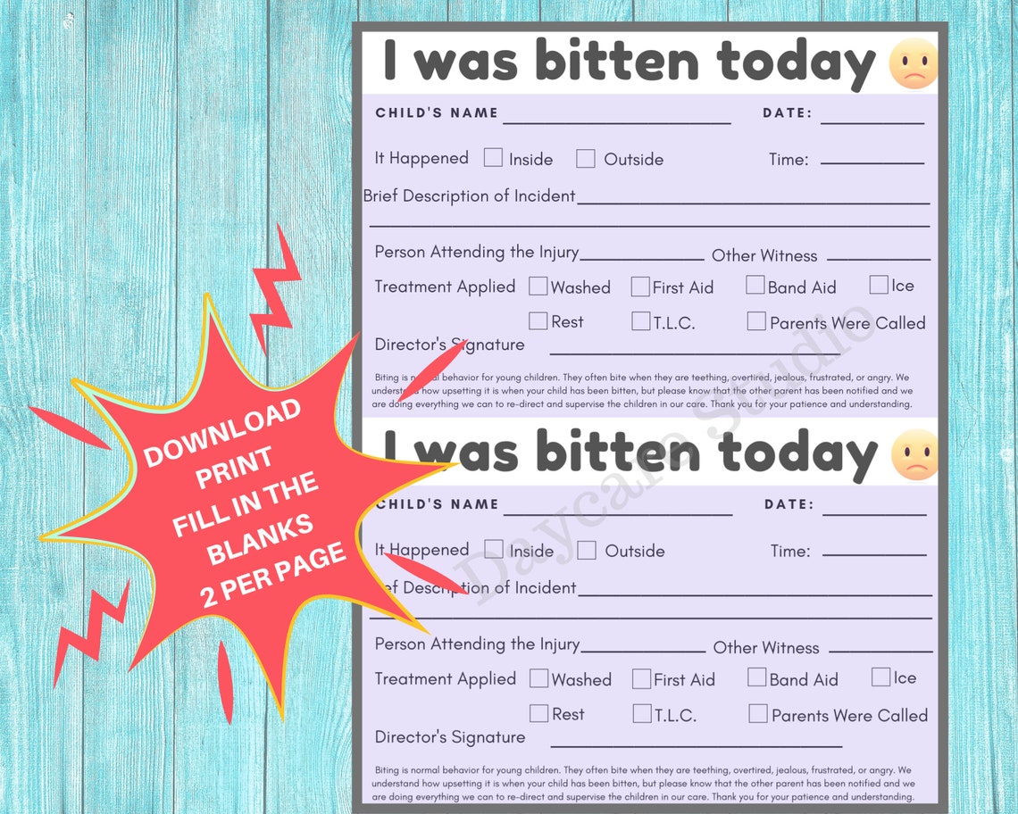 BITING REPORT Daycare Printable Child Incident Report /preschool ...