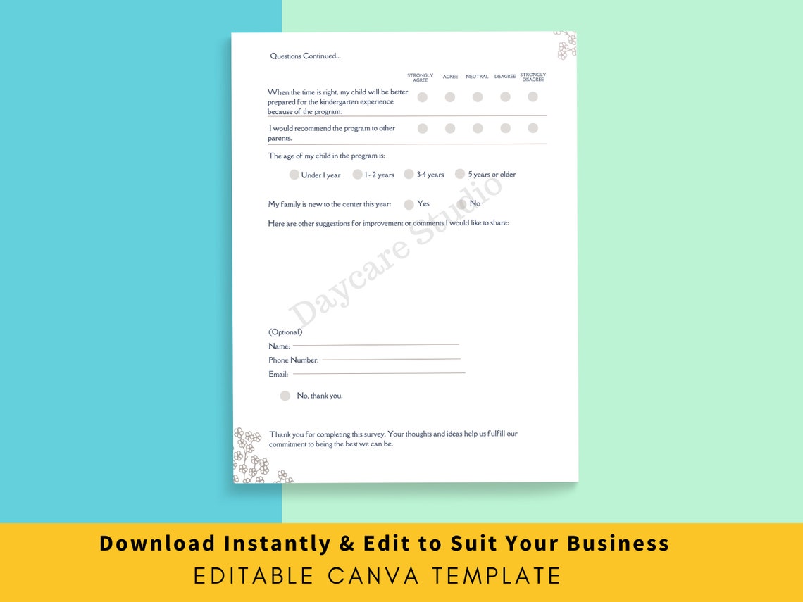 DAYCARE PARENT SURVEY/ Childcare Center Printable Parent Survey Form ...