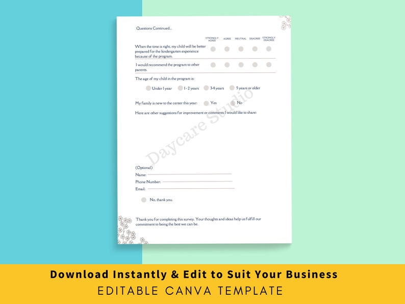Childcare Parent Survey Form: Printable Feedback Template (PDF) - Etsy