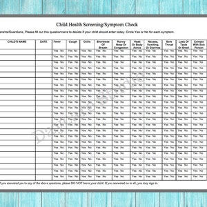 Health Screening Questions / Daycare Symptom Check Printable Sign in ...
