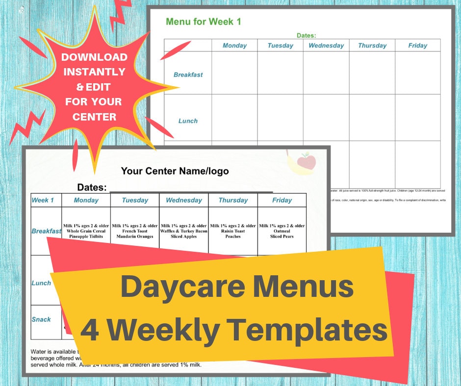 DAYCARE WEEKLY MENUS/ Childcare Center Printable Menu Templates ...