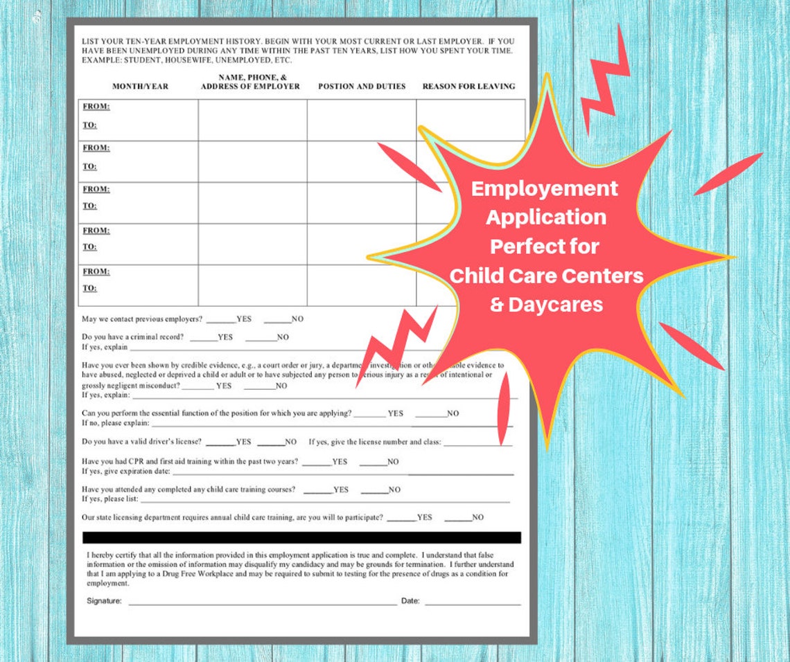 Daycare Employee Application Form: Printable Childcare Staff Hiring ...