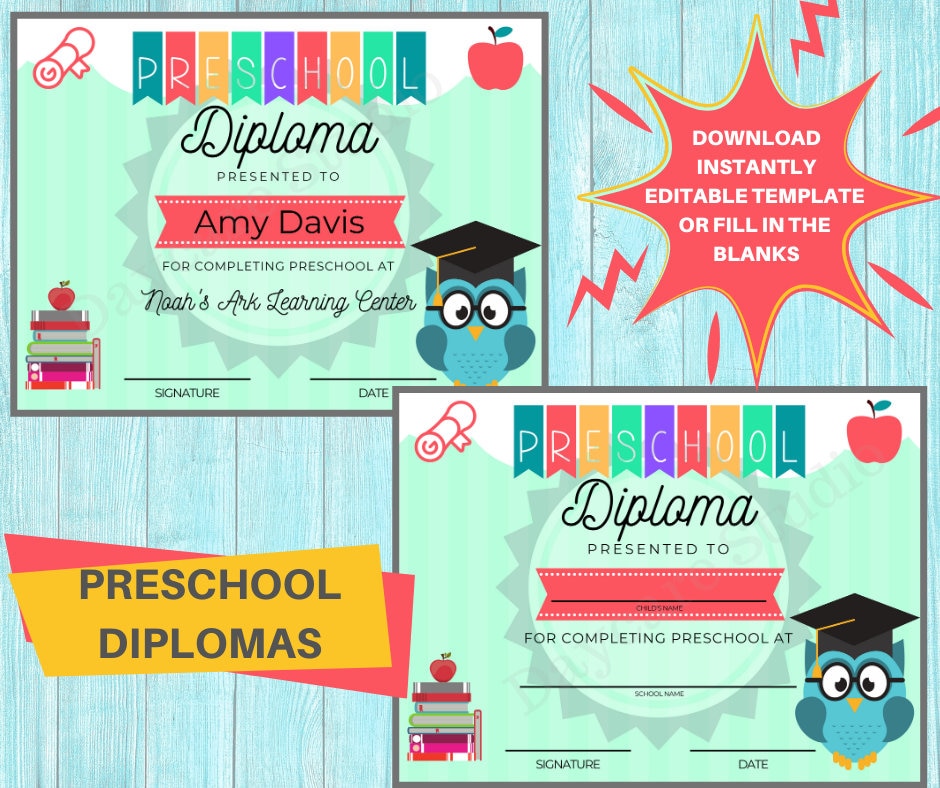 Preschool Diploma / Pre-k Graduation Award Certificate / Child Care ...