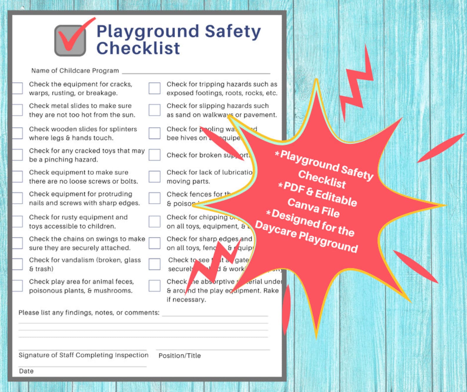 Daycare Playground Inspection Checklist & Safety Guide / Perfect for in ...