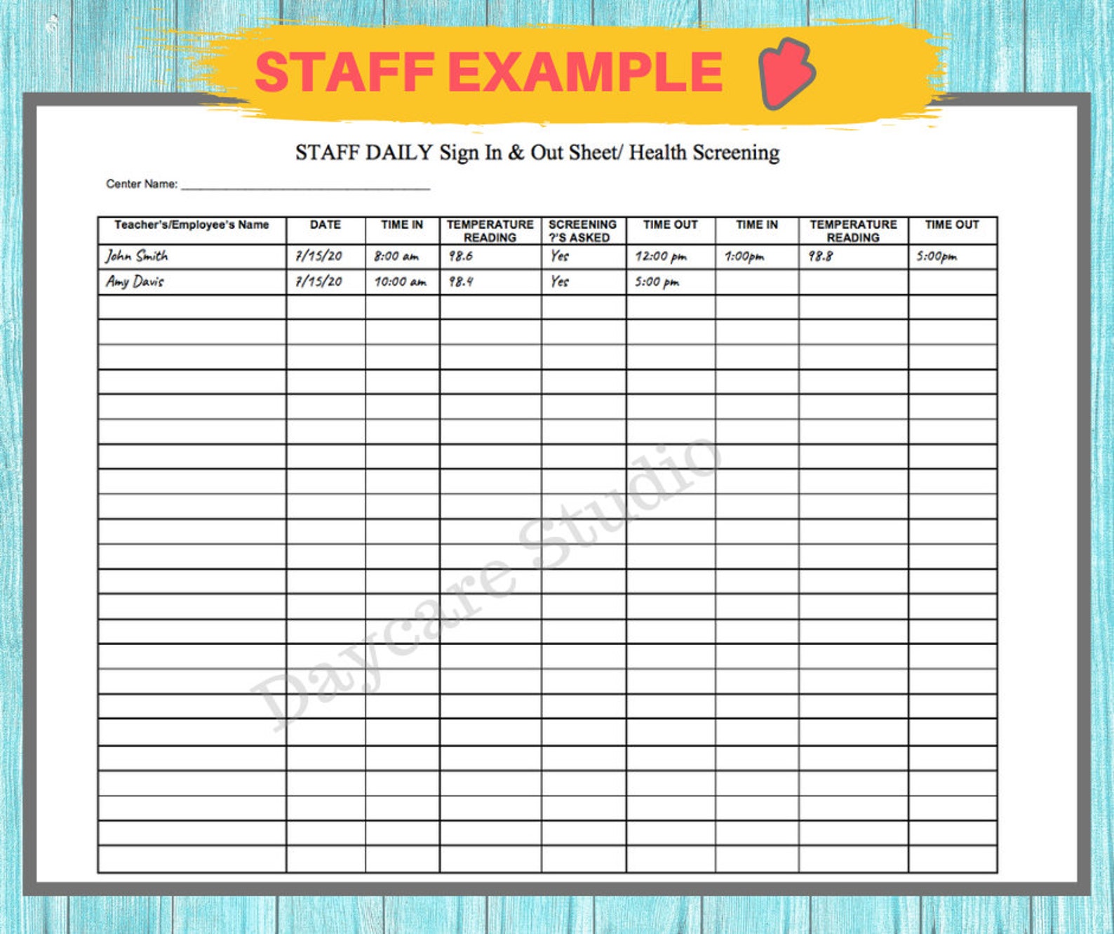 Sign In/out Log With Temp Check / Daycare Printable Health Screening ...