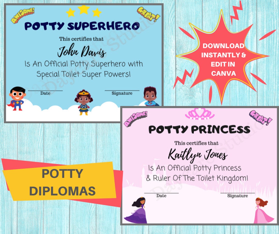 Potty Training Diploma: Superhero & Princess Certificates (canva ...