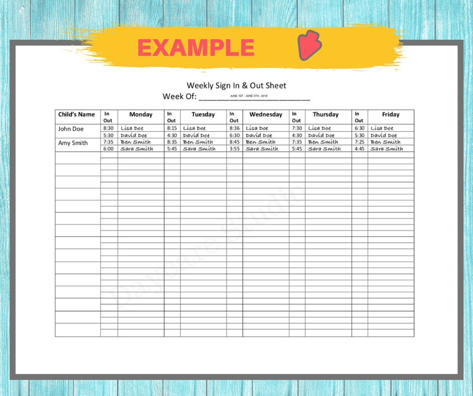 SIGN IN/OUT Log- Daycare Printable Daily and Weekly Sign in and Out ...
