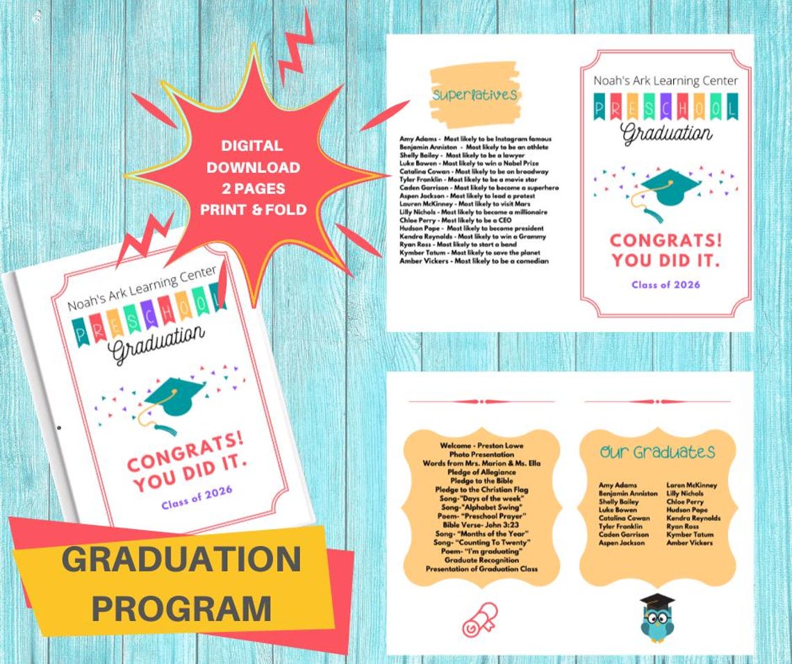 Preschool Graduation Program Template: Printable Ceremony Keepsake ...