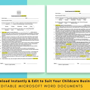 Daycare Parental Agreement: Childcare Center Contract (editable Word ...