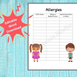 DAYCARE ALLERGY LIST/ Childcare Center Printable Child Allergy Form ...